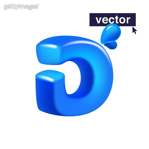 Letter D logo 3D render in cartoon cubic style made of blue clear water ...