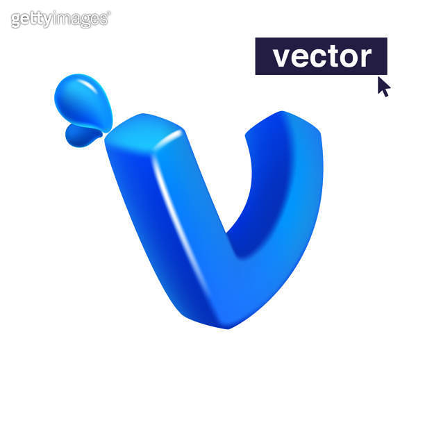 Letter V logo 3D render in cartoon cubic style made of blue clear water ...