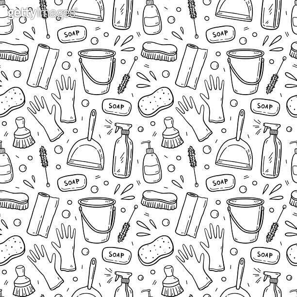 Seamless pattern with cleaning items - rubber gloves, soap, bucket ...