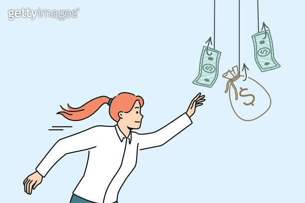Woman is chasing money hanging on hook, wanting easy money and risking ...
