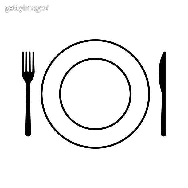 Cutlery plate, fork, spoon and knife for food icon. Dish on table ...