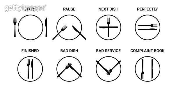 Table etiquette icon set. Language of cutlery, eating rules ...