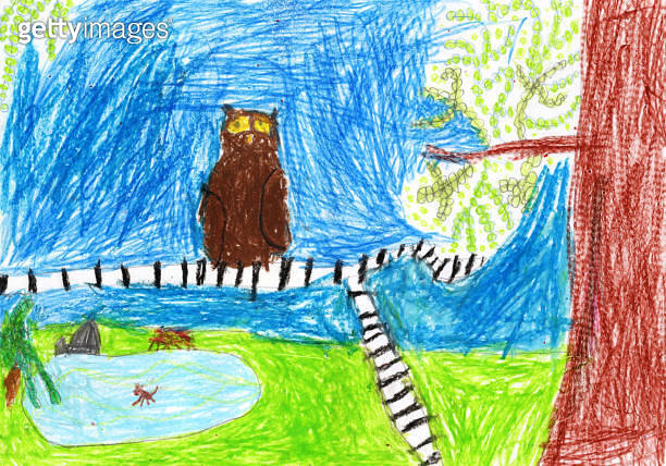 Hand drawn wax crayons painting. Fantasy forest landscape with owl ...