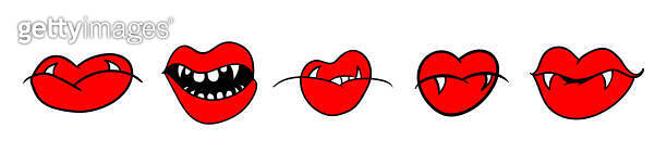 Set of vampire bite and kiss illustration. Red lips with vampire teeth ...