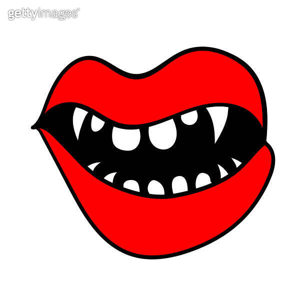 Vampire bite and kiss illustration. Red lips with vampire teeth ...