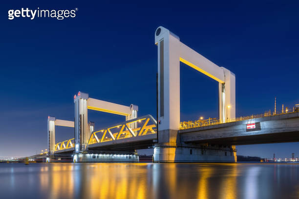 Botlek bridge, Rotterdam, Netherlands. View of the bridge at night ...