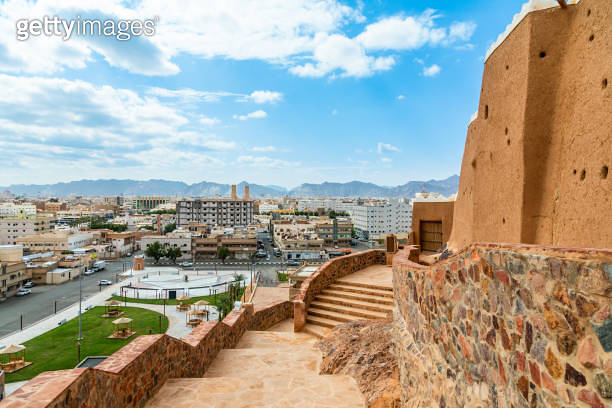 Hail city downtown and walls of Arabian Aarif fortress standing on the ...