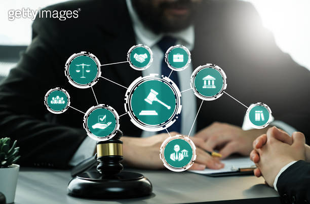 Smart law, legal advice icons and astute lawyer working tools in ...
