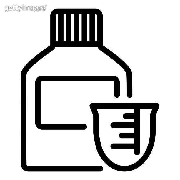 Medicine bottle and dose measuring cup line icon. Vitamin syrup symbol ...