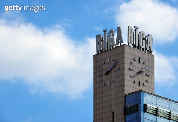 Riga sign at the Riga central station clock tower, Latvia (1746185482 ...