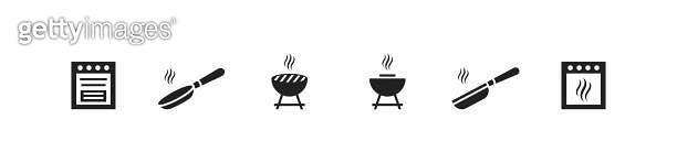 Cooking meat icon set. Baking meat, frying meat. Grill, pan and oven ...