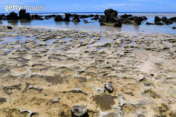 Bati Beach - coral limestone floor and rock formations, Meneng District ...