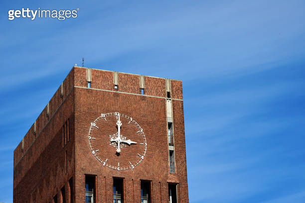 Oslo City Hall (rådhus) - east tower with clock and a 49-bell carillon ...