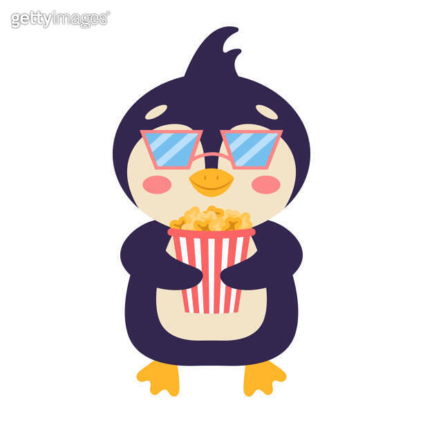 Cute cartoon penguin with popcorn. Vector illustration. (1830460245 ...