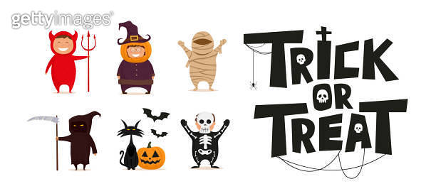 Happy Halloween with kids in costumes. Trick or Treat text. Set of ...