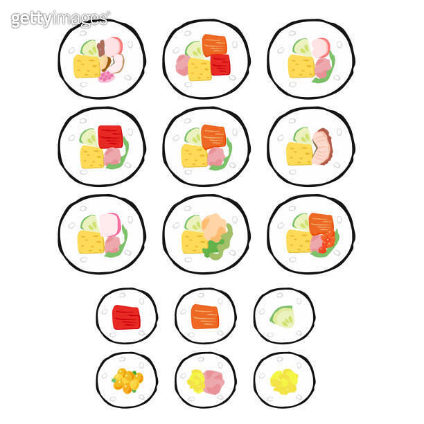 Cross section of Japanese sushi rolls (1768629413) 일러스트, 무료 일러스트 - 게티이미지뱅크