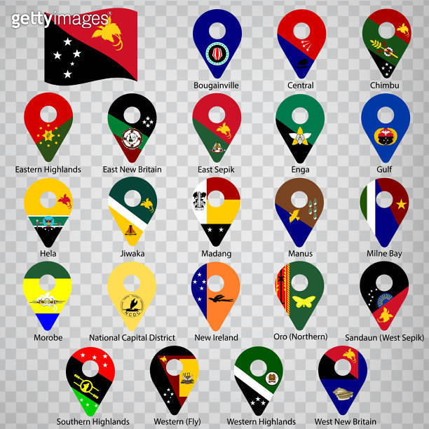 Twenty two flags the Provinces of Papua New Guinea - alphabetical order with name. Set of 2d ...