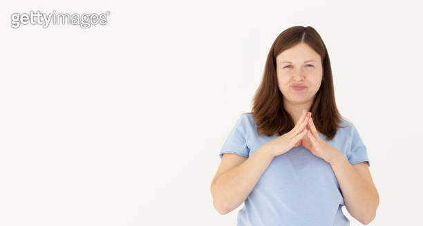 Photo portrait of evil genius woman scheming with fingers touching ...