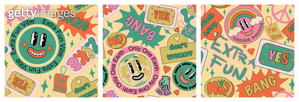 90 Cool Sticker Collage Seamless Pattern Set. Funny Neon Print with ...