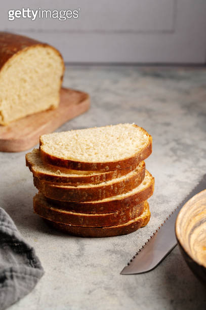 Closeup bread stack of bread slices. Sandwich sourdough loaf bread cut ...