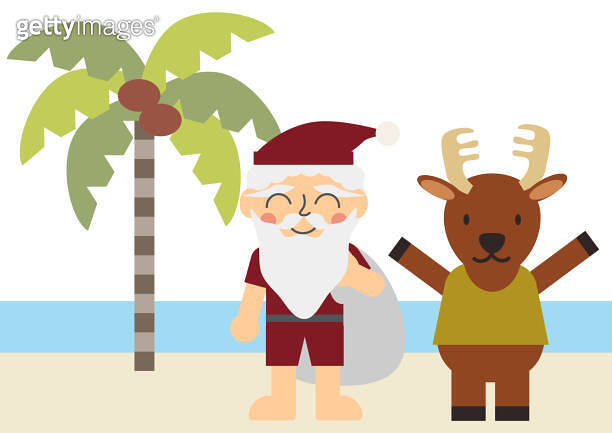 Summer Santa and reindeer on the beach 이미지 (1742294076) - 게티이미지뱅크