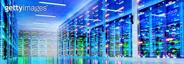 Wide panorama of Big Modern server room, data centre or mining farm ...