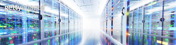 Wide panorama of Big Modern server room, data centre or mining farm ...