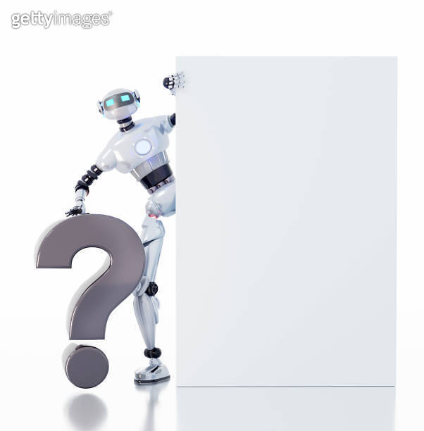White robot holds big banner and question mark. Space for text ...