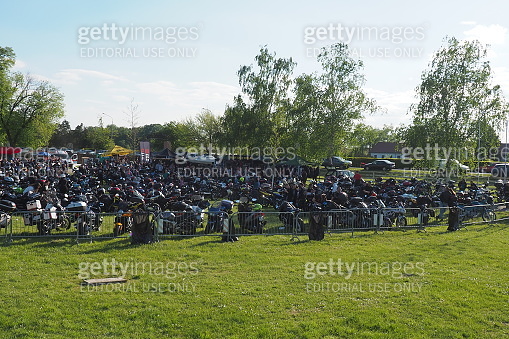 Gathering or meeting of motorcyclists and bikers at a festival. People ...