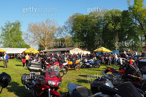 Gathering or meeting of motorcyclists and bikers at a festival. People ...