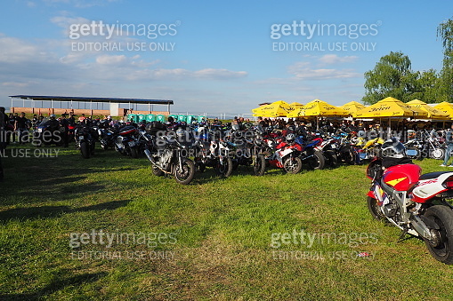 Gathering or meeting of motorcyclists and bikers at a festival. People ...