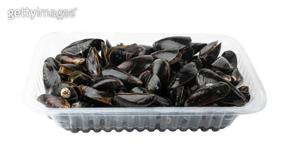 Raw Mussels in Plastic Packaging Isolated, Fresh Shellfish Seafood ...