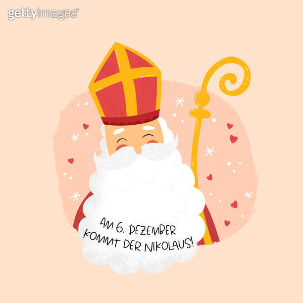 Lovely drawn Nikolaus character, text in german "St. Nicolas Day is on ...