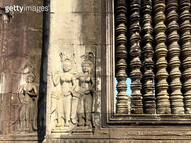 The famous bas-relief of Apsaras, celestial maidens, with intricate ...