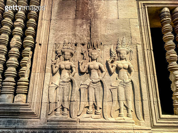 The famous bas-relief of Apsaras, celestial maidens, with intricate ...