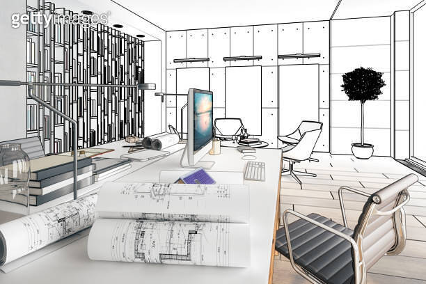 Contemporary Penthouse Workspace Environment (draft) - 3D Visualization 이미지 (1571052453) - 게티이미지뱅크