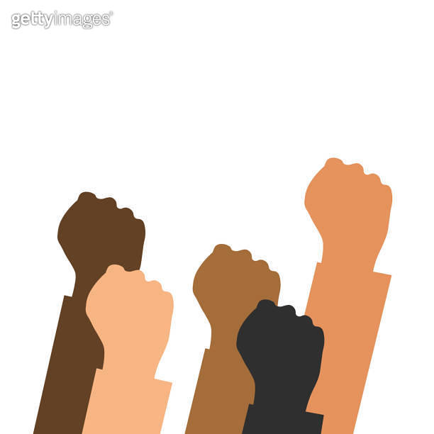 A group of people of different races raised their fists as a symbol of ...