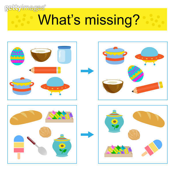 Puzzle game for kids. Find the missing object. 이미지 (1496819169) - 게티이미지뱅크