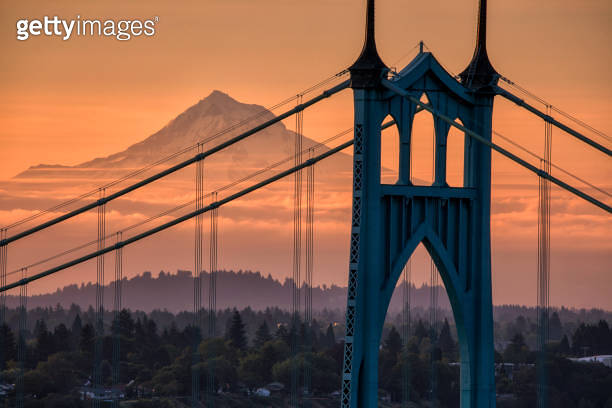 Gothic style arches tracery St Johns bridge and Mt Hood in Portland ...