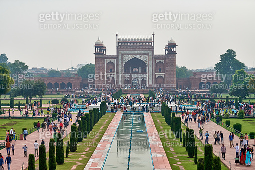 Taj Mahal entrance gateway close up view with Chhatri dome shaped ...