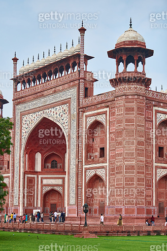 Taj Mahal entrance gateway close up view with Chhatri dome shaped ...