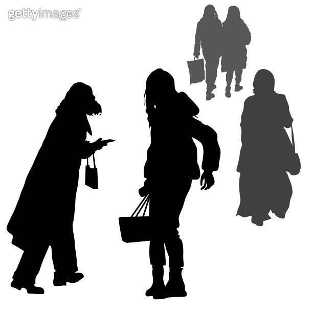 Vector female silhouettes of passers-by, 5 different figures on a white ...