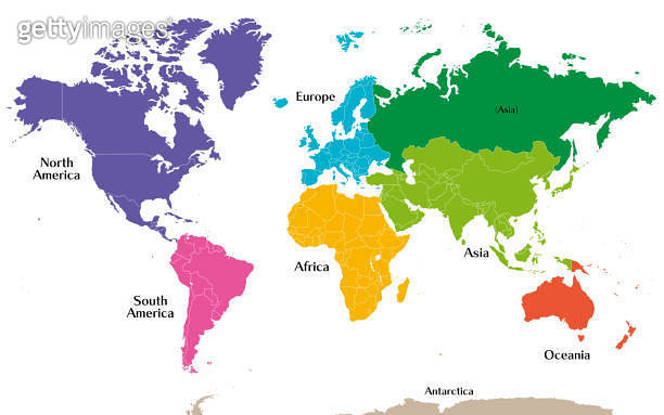 World map color-coded by six states, with Russia shown in a different ...