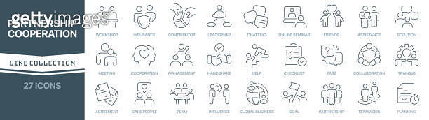 Partnership and cooperation linear signed icon collection. Signed thin ...