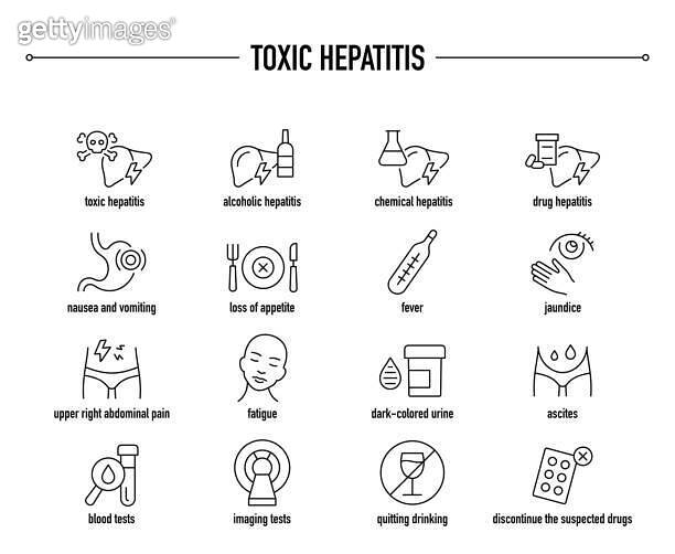 Toxic Hepatitis symptoms, diagnostic and treatment vector icons. Line ...