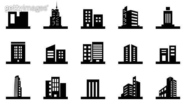 Skyscraper icons. Set of different building icons. Simple skyscraper ...