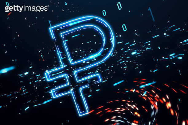 Digital ruble hologram on blurry dark background. Trade, finance and money concept. 3D Rendering ...