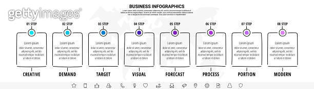 Hand-drawn vector line infographics with eight rectangles and icons ...