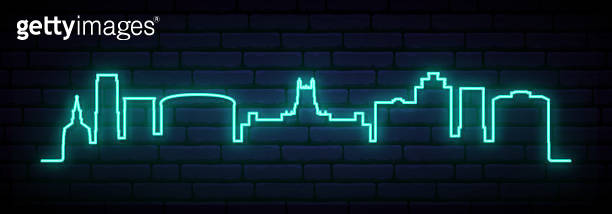 Blue neon skyline of Iowa City. Bright Iowa City long banner. Vector ...