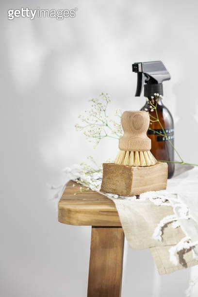 Zero waste home cleaning concept. All purpose cleaner in amber glass ...